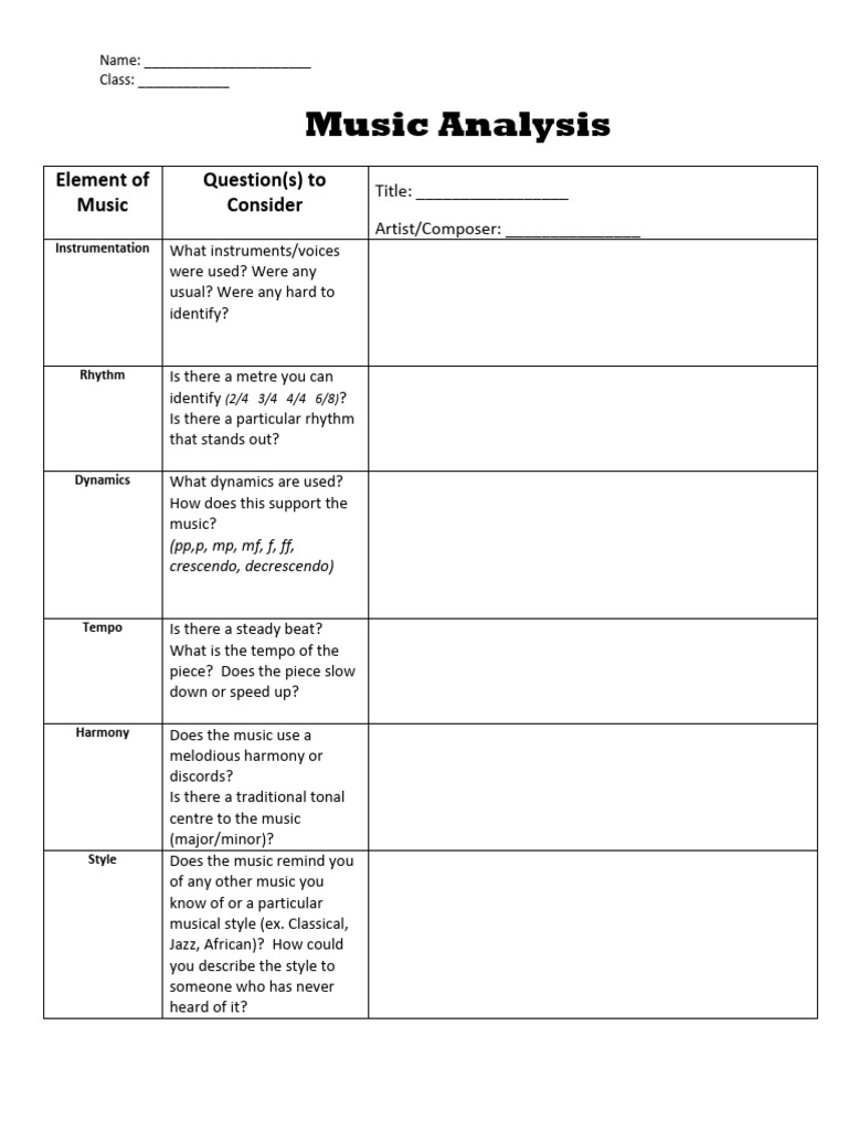 Music Analysis Worksheet Template | PDF