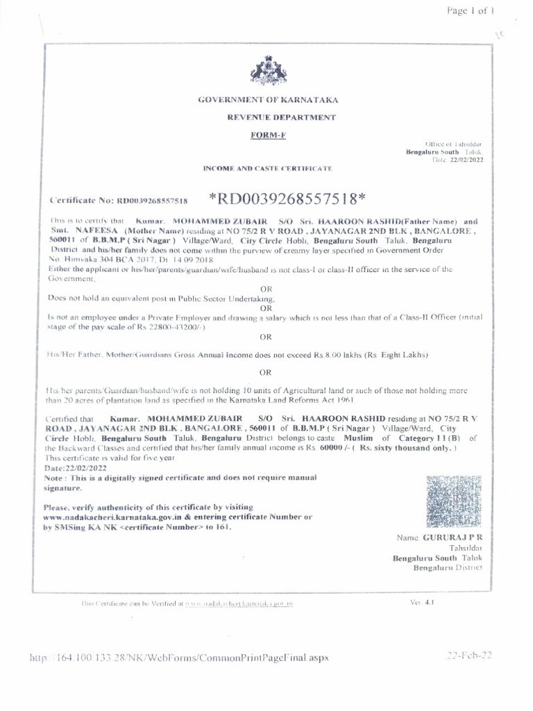 Income Caste Certificate | PDF | Bangalore | Economies