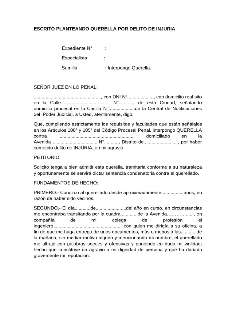 Modelo de Escrito Planteando Querella Por Delito de Injuria | PDF | Queja | Justicia