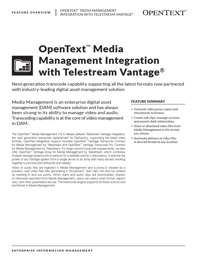 Opentext Fo Cem Media MGMT Integration With Telestream Vantage en | PDF | Server (Computing ...
