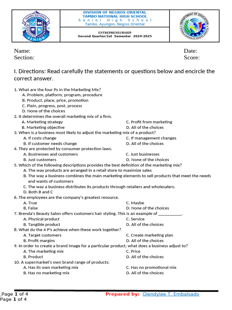Entrep 2nd Quarter Exam | PDF | Expense | Marketing