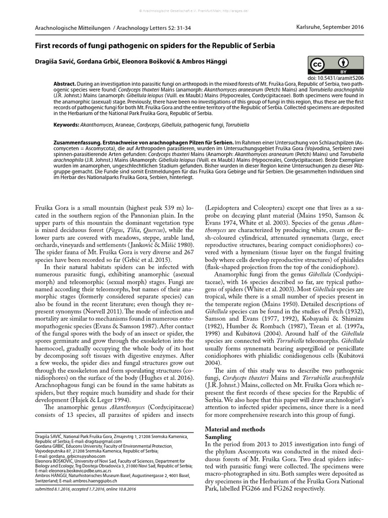 First Records of Fungi Pathogenic On Spiders For The Republic of Serbia | PDF | Fungus | Spore