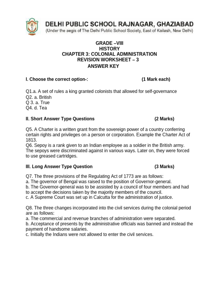 Colonial Administration: Grade VIII Worksheet | PDF
