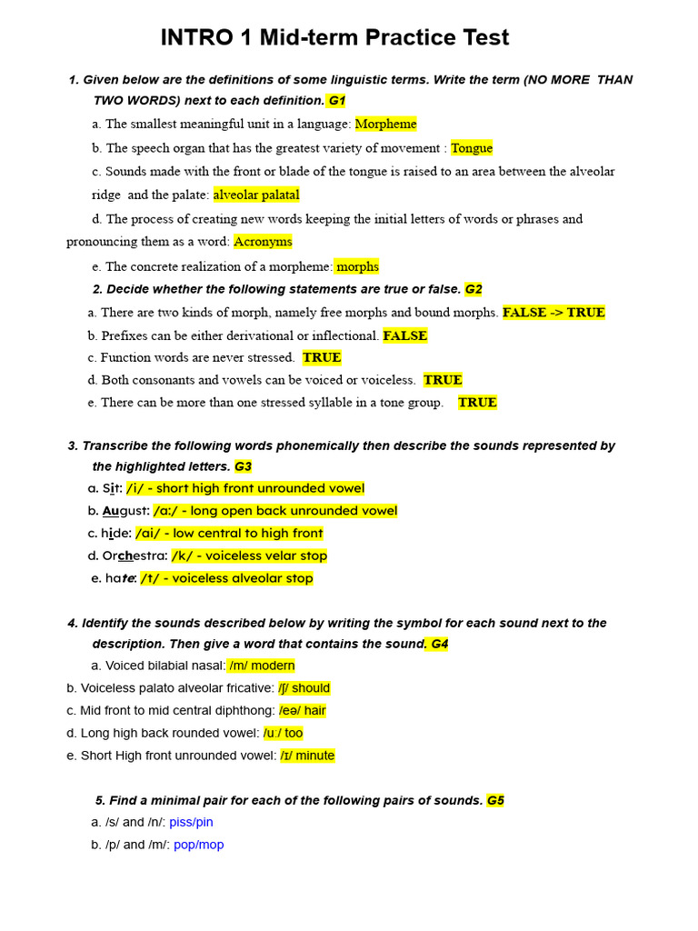 23E9 - INTRO 1 Midterm Practice Test 2022 | PDF | Word | Vowel