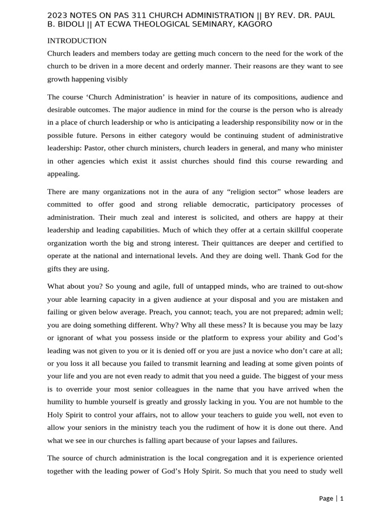 Notes On Church Administration | PDF