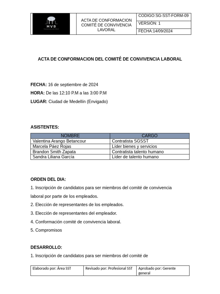 ACTA DE conformacion DEL COMITÉ DE CONVIVENCIA LABORAL (1) | PDF