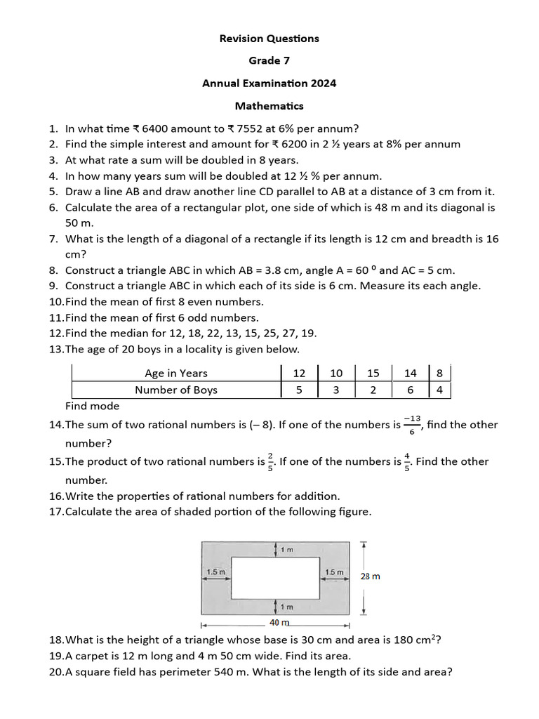 Grade 7 CBSE Maths Revision Questions Annual Exm 2024 25 | PDF | Area ...