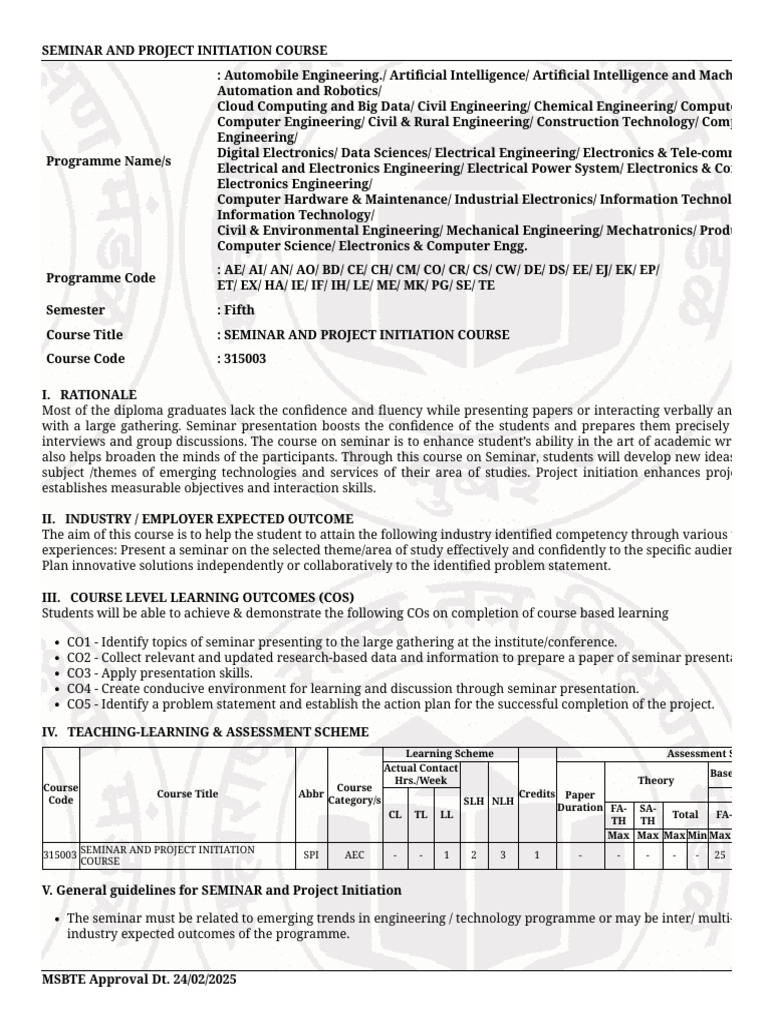 315003-Seminar and Project Initiation Course | PDF | Engineering | Artificial Intelligence