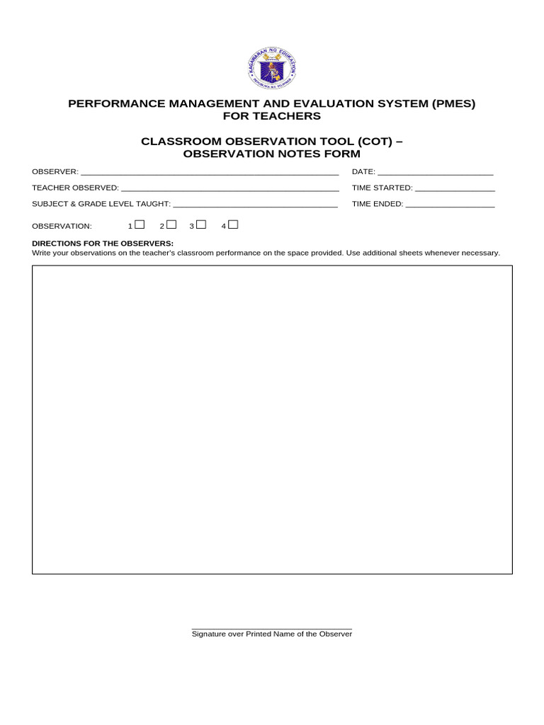 COT Observation Notes Form 2024-2025 | PDF