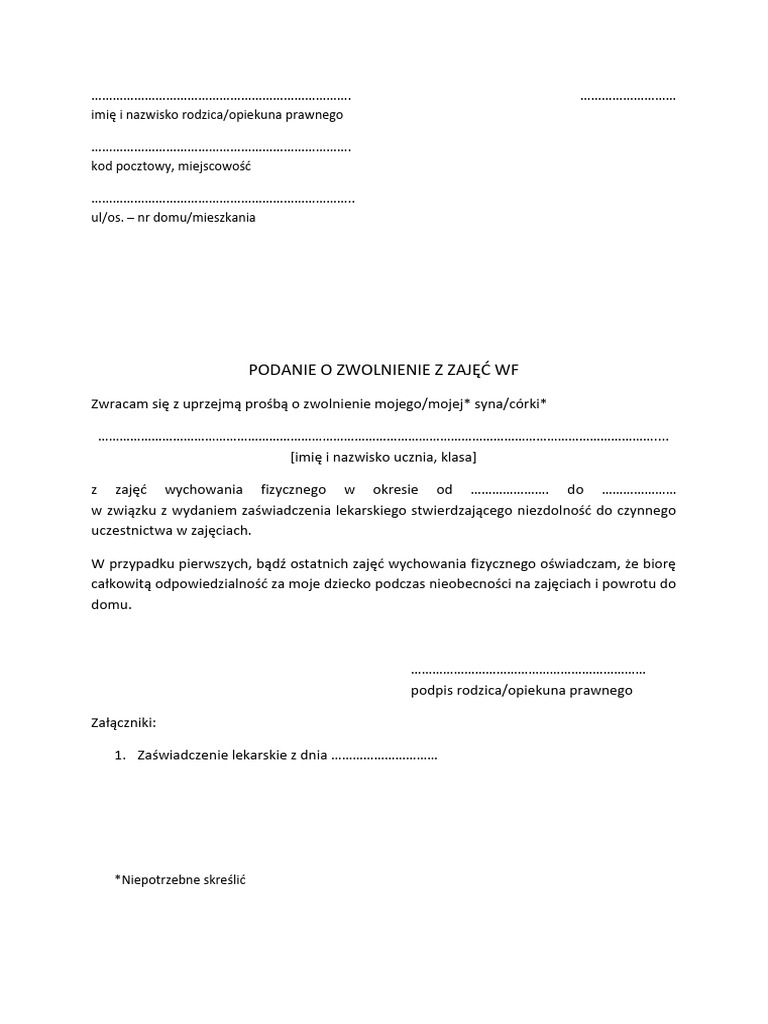 Podanie o Zwolnienie Z Zajec WF | PDF