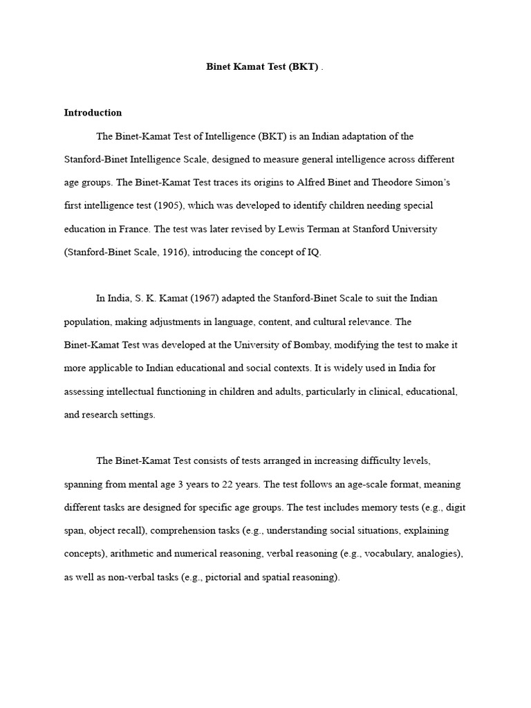 Binet Kamat Test (BKT) - Shruti B (242199012) | PDF | Intelligence ...