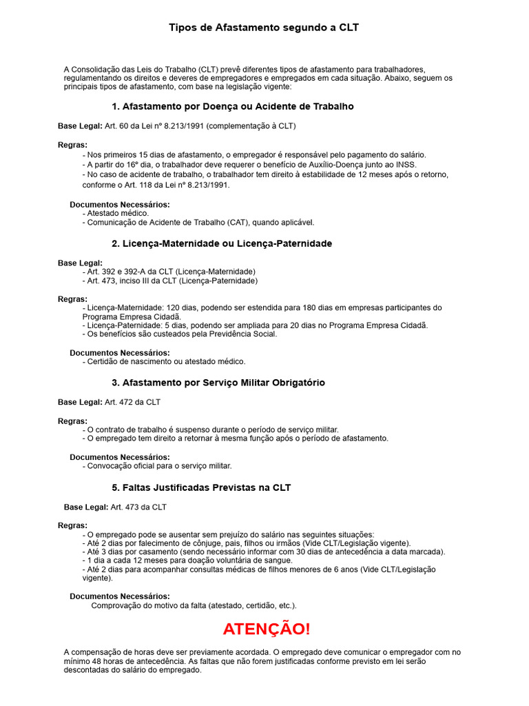 Tipos de Afastamento Segundo A CLT | PDF