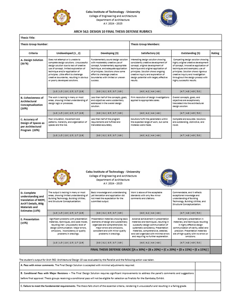 ARCH 562 Thesis Defense Rubrics 2024-2025 | PDF | Knowledge | Cognition
