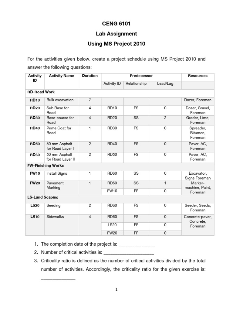 CENG 6101 Scheduling Lab Handouts 2017 | PDF | Road | Pedestrian ...