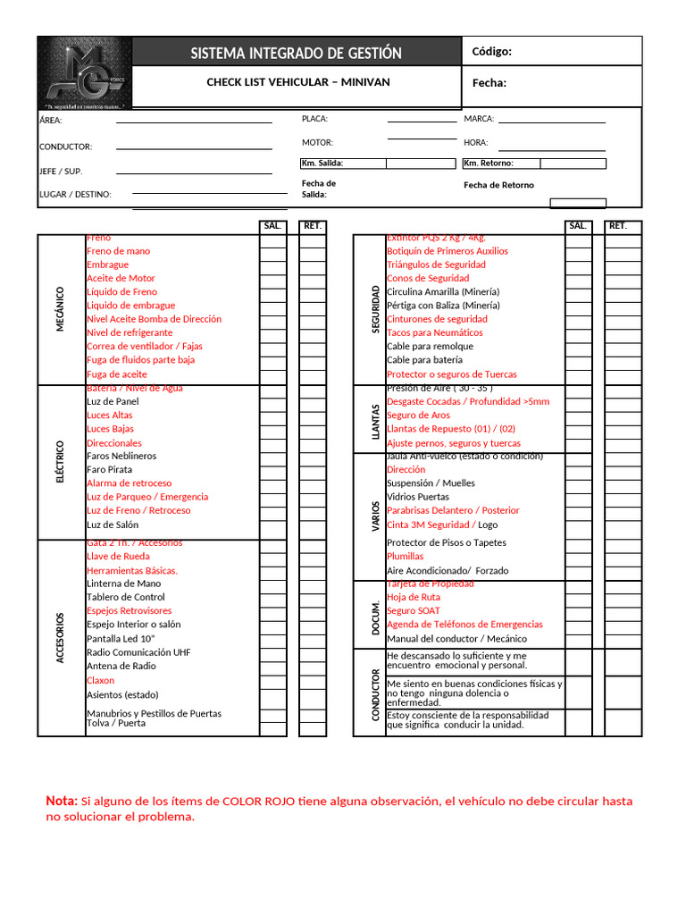 Check List de Minivan | PDF | Vehículos terrestres | Estilos de carrocería