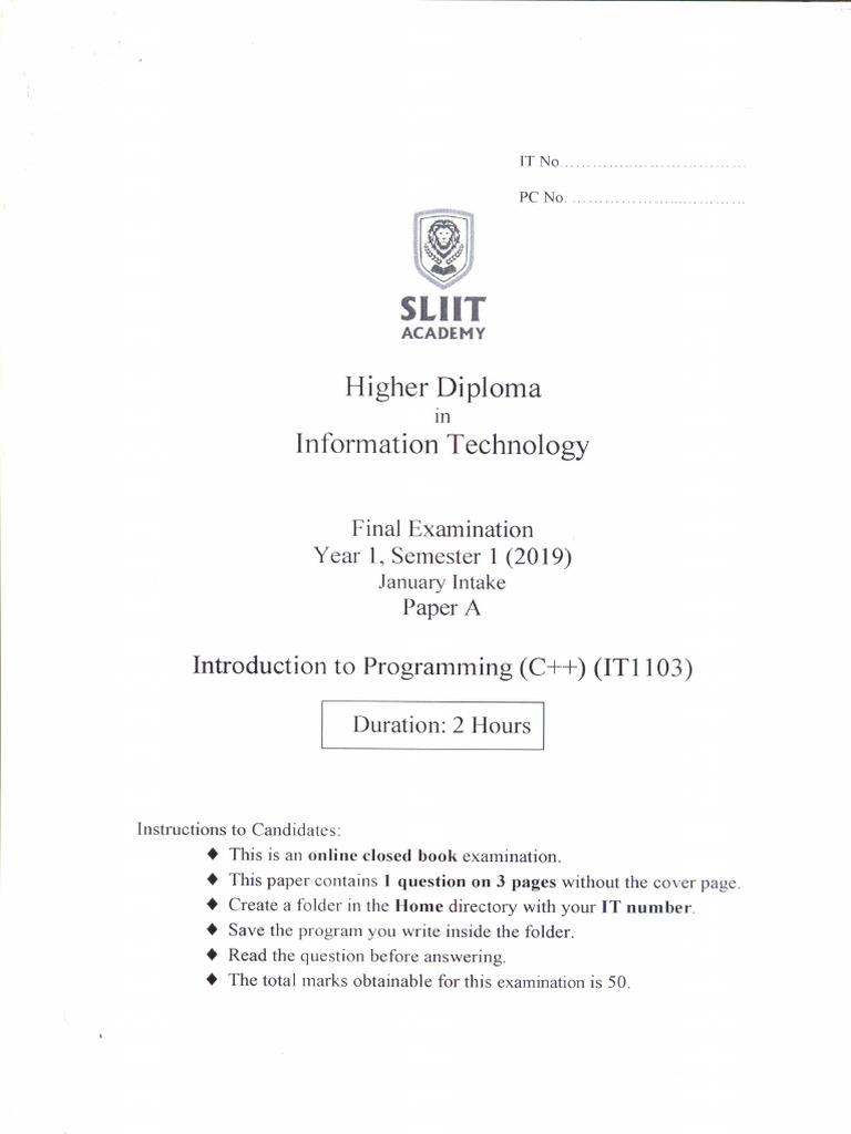Introduction To Programming (Paper A) (C++) (IT1103) | PDF
