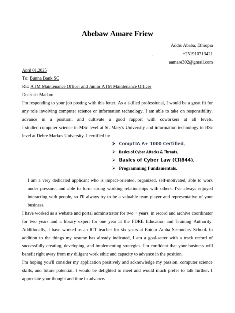 Bunna Bank Job Application: ATM Officer | PDF