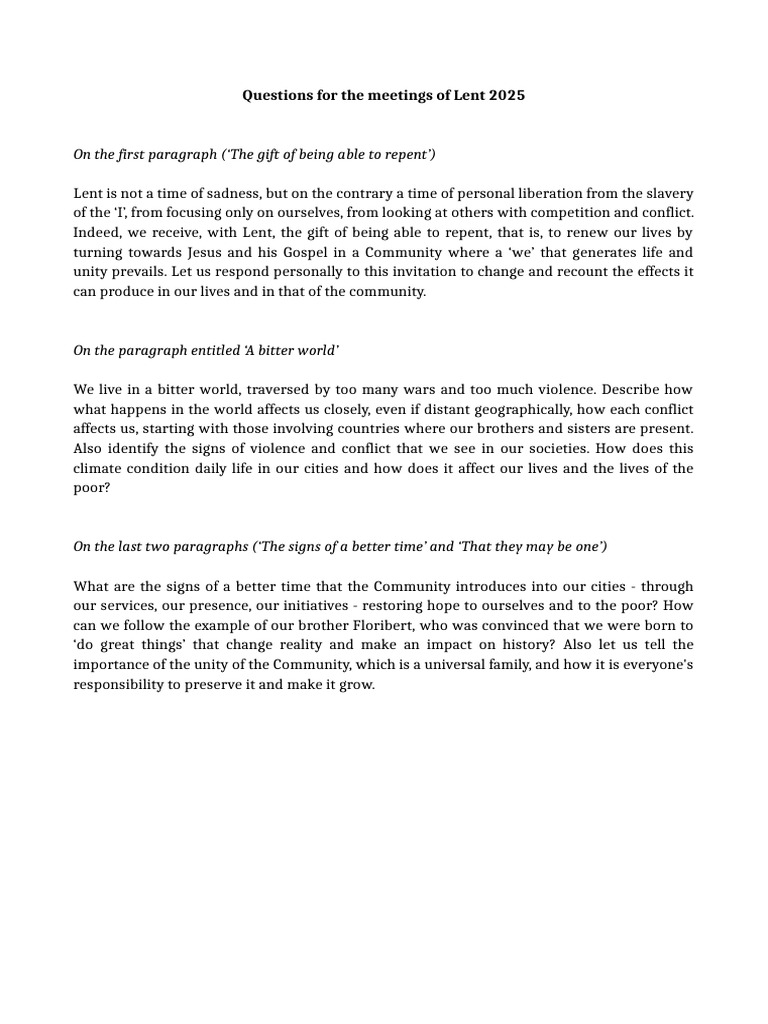 2025 - Lent Assembly - Questions | PDF