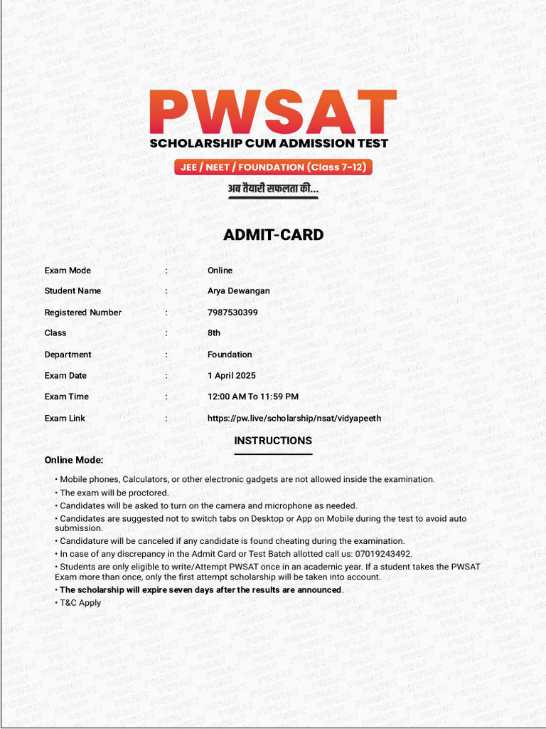 PW Admit Card Class 9th | PDF