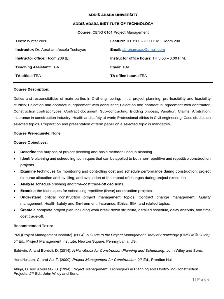 CENG 6101 Course Syllabus AAiT 2020 | PDF | Academic Dishonesty | Academic Integrity