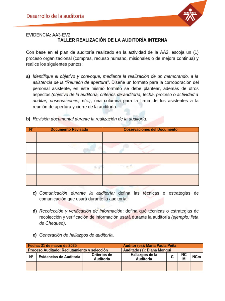Formato Evidencia AA3 Ev2 Taller | PDF | Auditoría | Reclutamiento