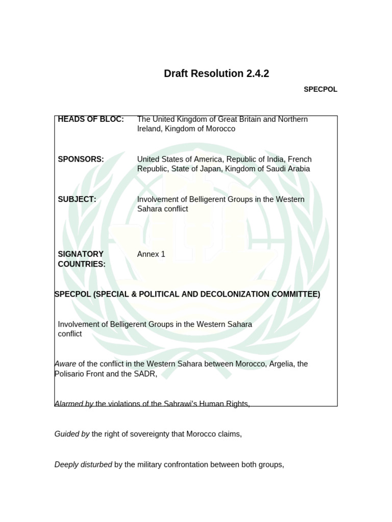 CCBMUN Draft Resolution Template 2 | PDF | Western Sahara ...