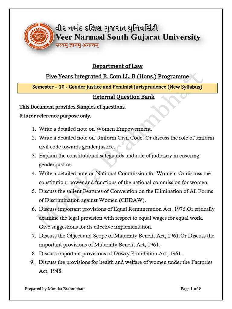 Gender Justice & Feminist Jurisprudence Notes | PDF | Gender Equality ...