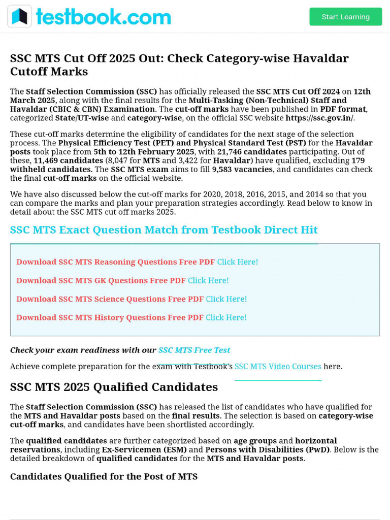 SSC MTS Cut Off 2025 Out - Check Category-Wise Havaldar Cutoff Marks | PDF