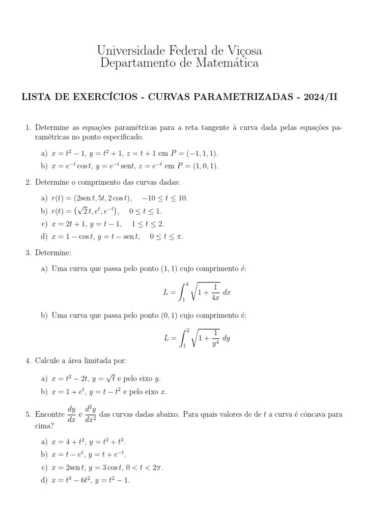 Lista Curvas Parametrizadas | PDF | Variedade (Matemática) | Formas ...
