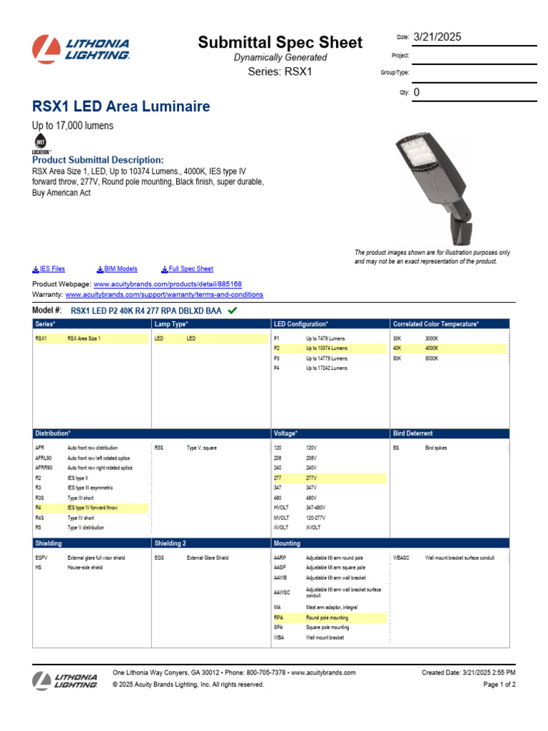 Lithonia Lighting-RSX1-SubmittalSpecSheet-032125 | PDF | Electrical Components