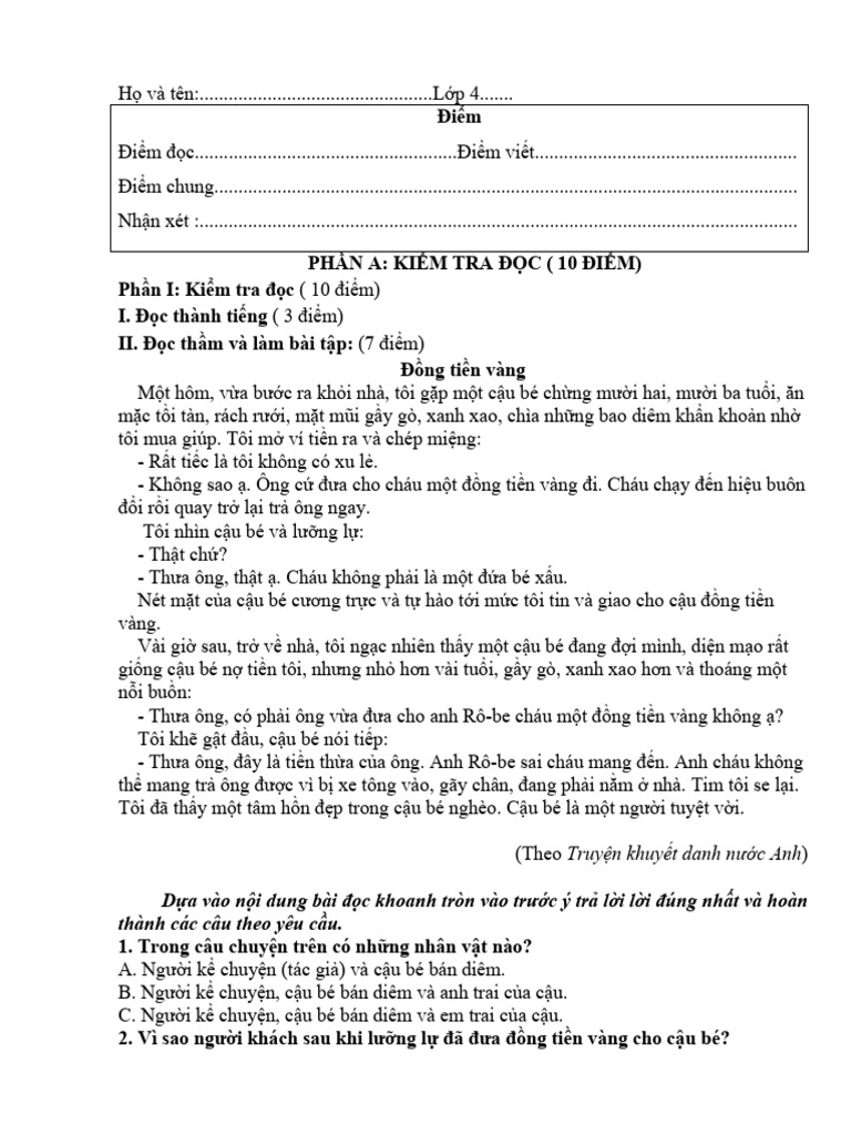 TV - GIỮA HKII - TÔ HIẾN THÀNH - 4A | PDF