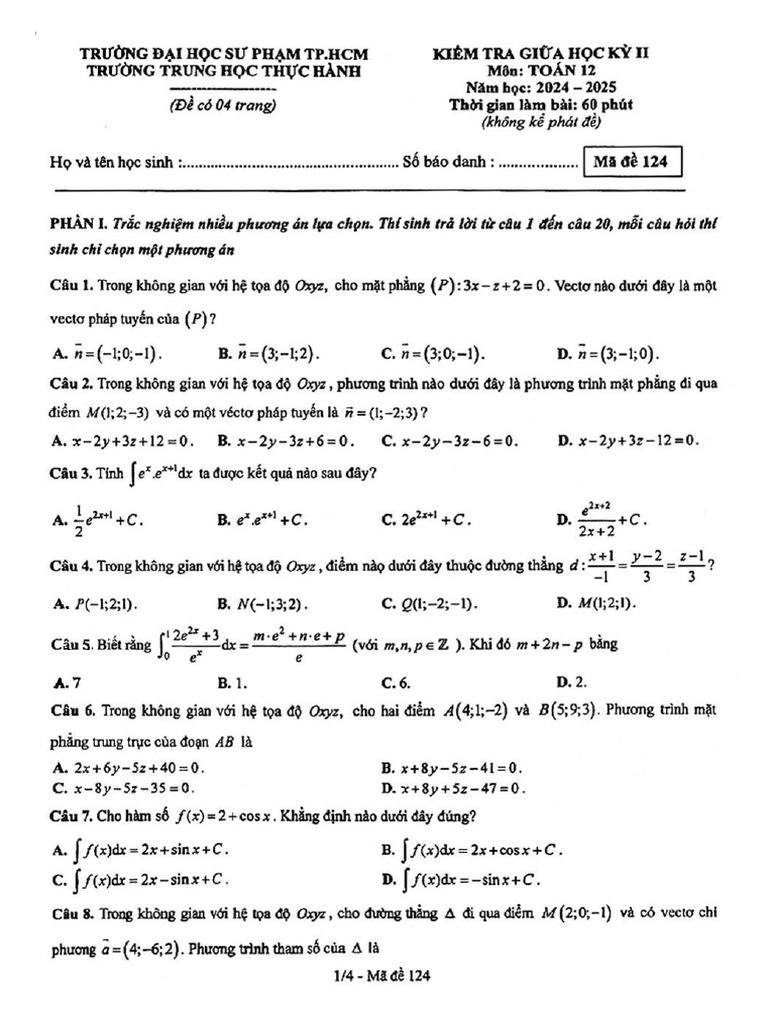 De Giua Ky 2 Toan 12 Nam 2024 2025 Truong Trung Hoc Thuc Hanh DHSP TP ...