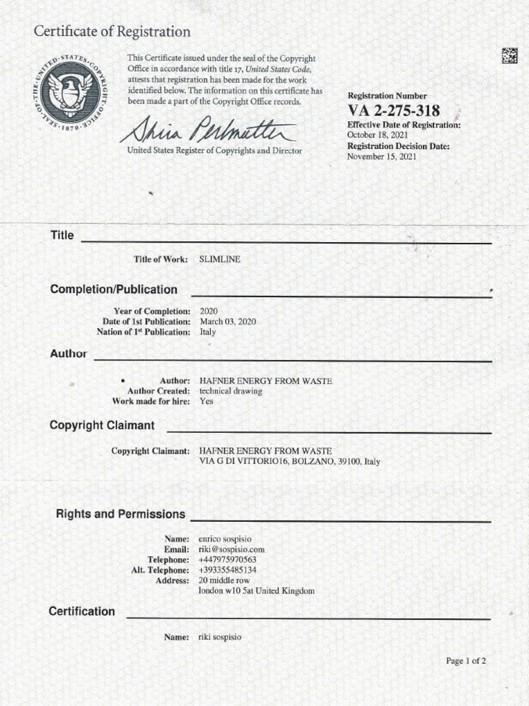 Copyright Certification SL-Reg.n. VA 2-275-318 | PDF