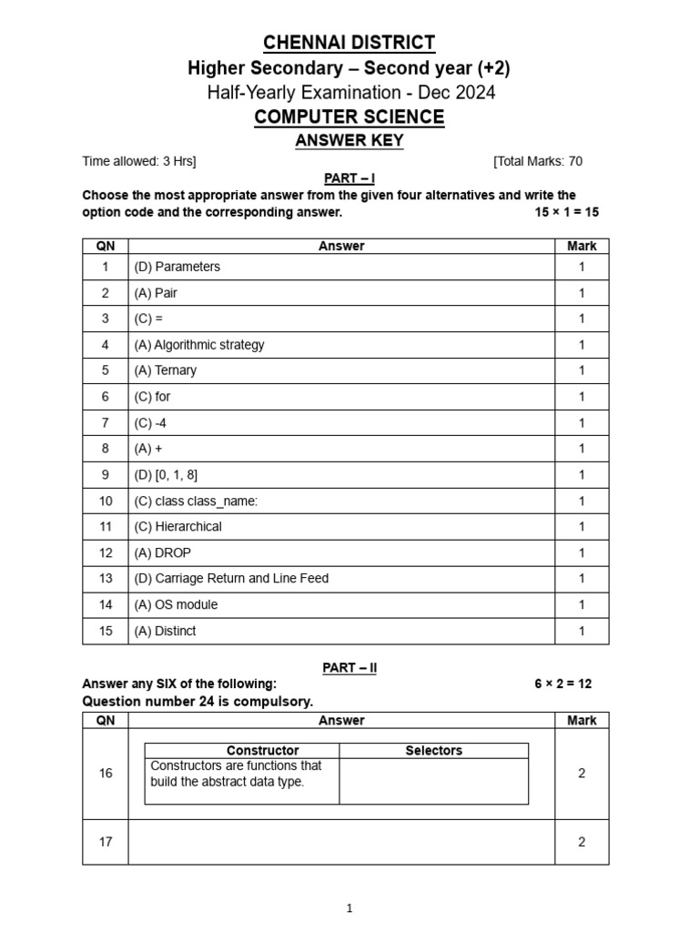 12-CS-Halfyearly-EM-2024-Answer Key | PDF | Data Type | Constructor (Object Oriented Programming)