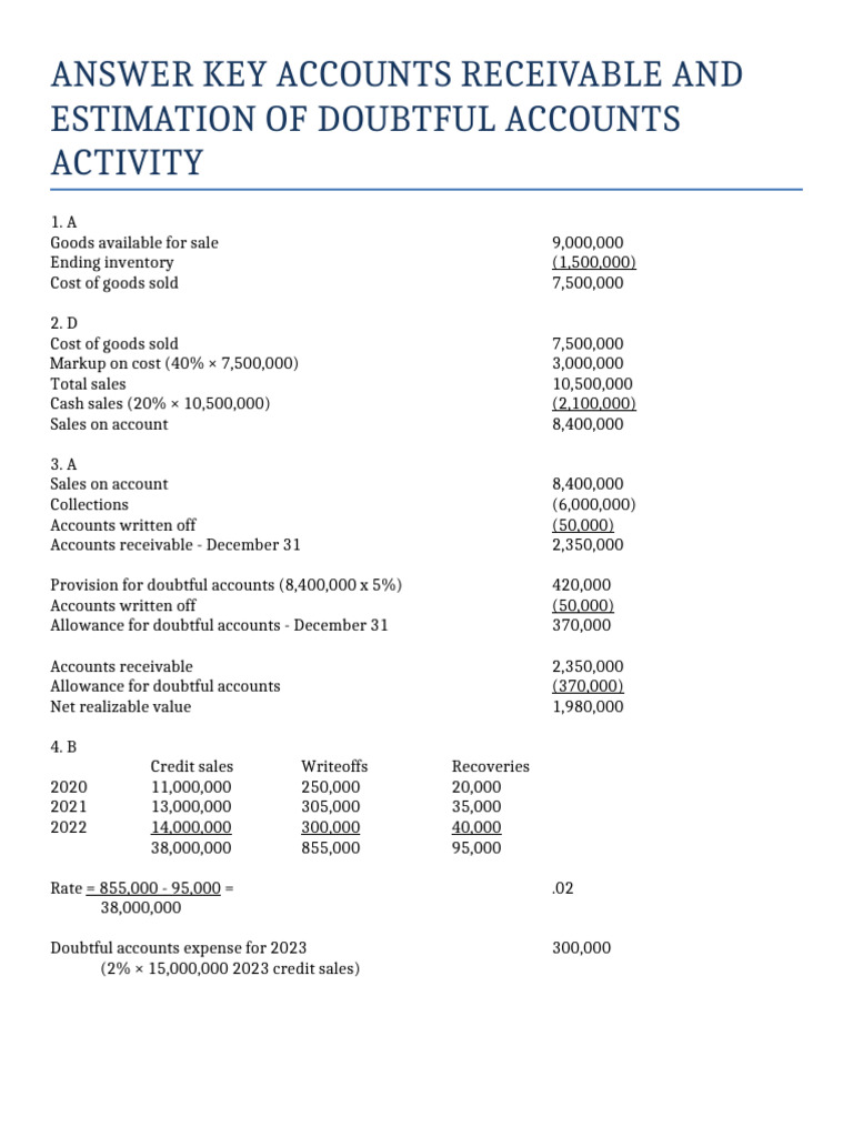 ACCOUNTS RECEIVABLE AND ESTIMATION OF DOUBTFUL ACCOUNTS ACTIVITY ANSWER ...