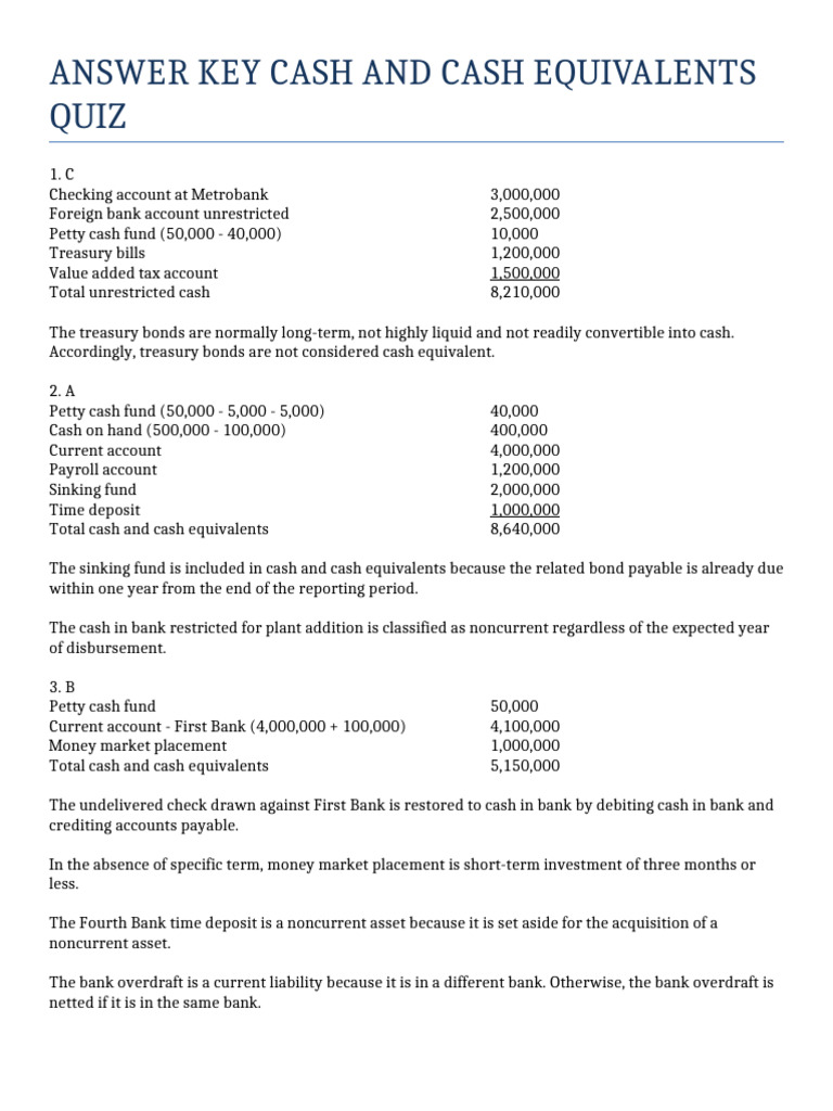 Cash and Cash Equivalents Quiz Answers | PDF | Banks | Transaction Account