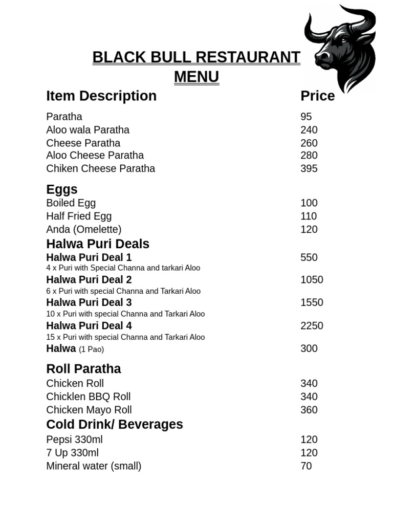 Black Bull Restaurant Menu Overview | PDF