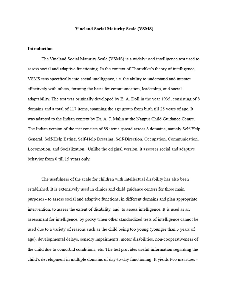 Vineland Social Maturity Scale (VSMS) | PDF | Intelligence Quotient ...