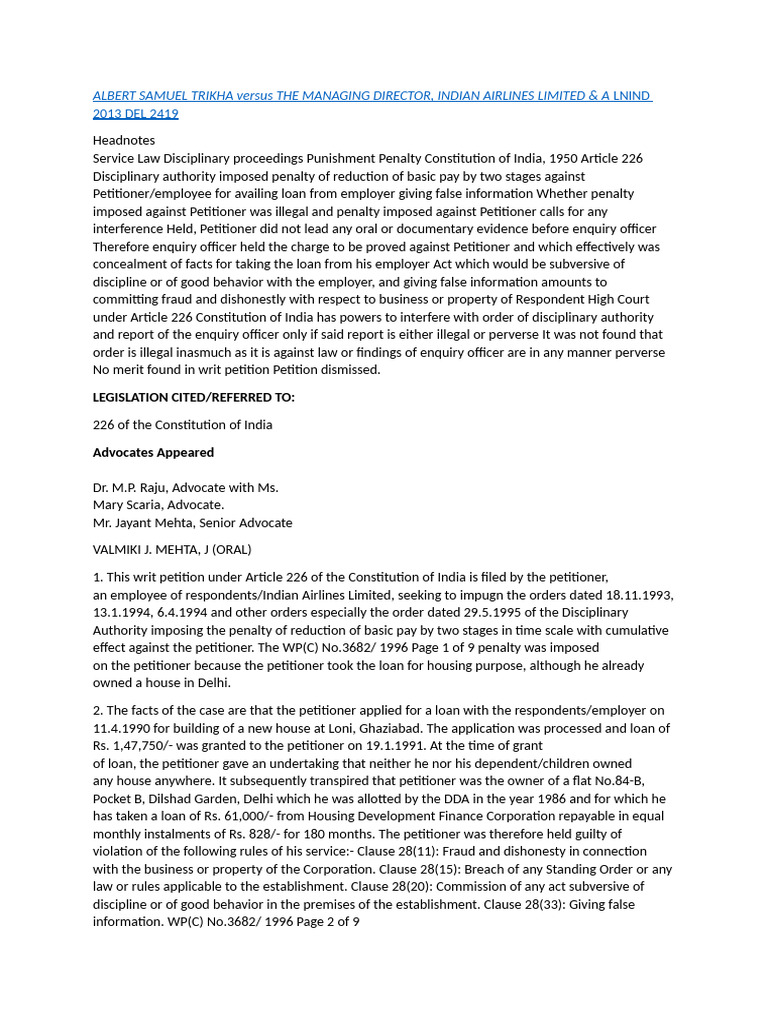 ALBERT SAMUEL TRIKHA Versus THE MANAGING DIRECTOR | PDF | Tribunal | Employment