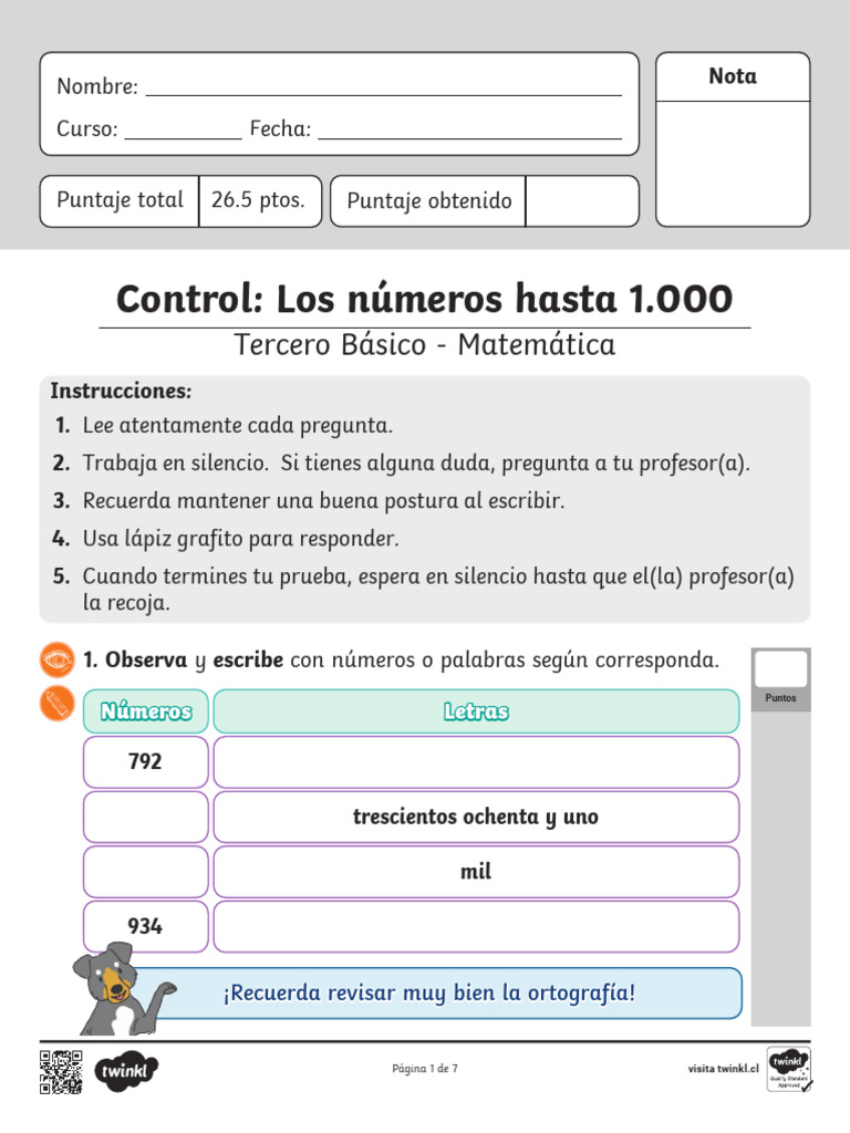Control de Números hasta 1000 | PDF