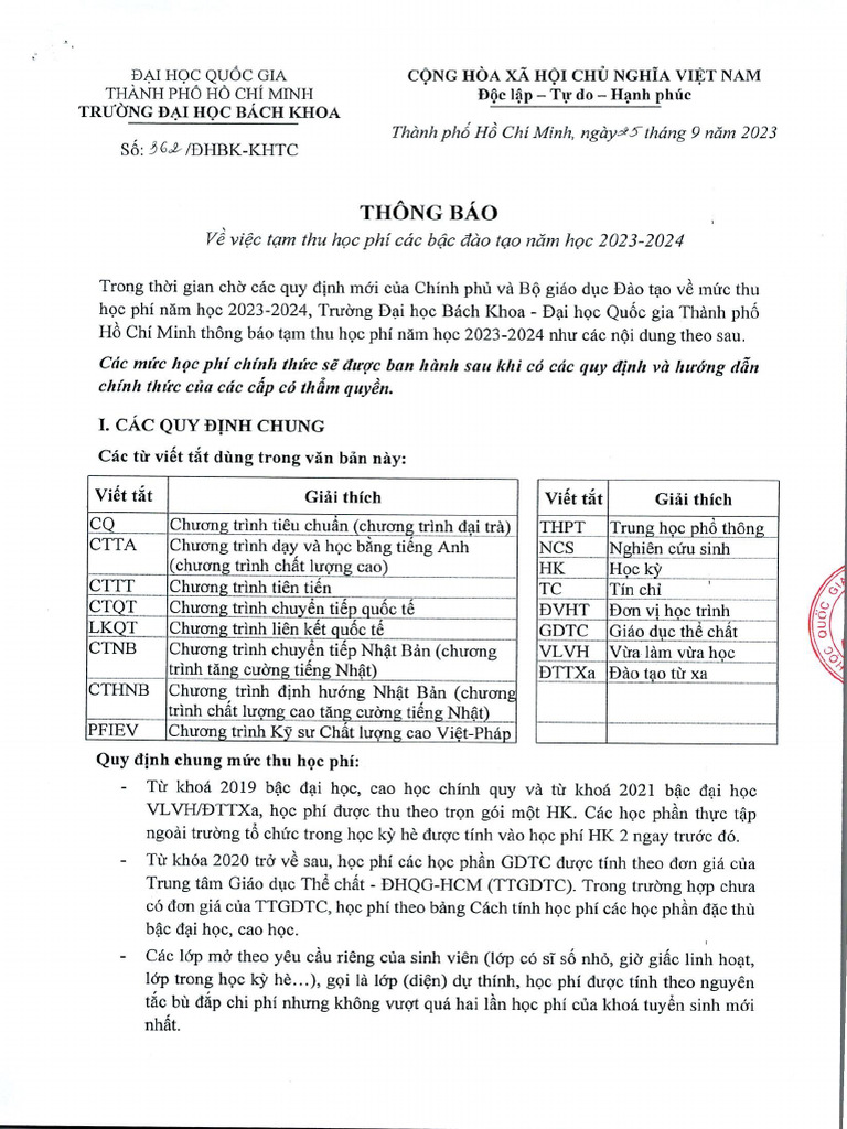 362 DHBK KHTC Thong Bao Tam Thu Hoc Phi 2023 2024 | PDF