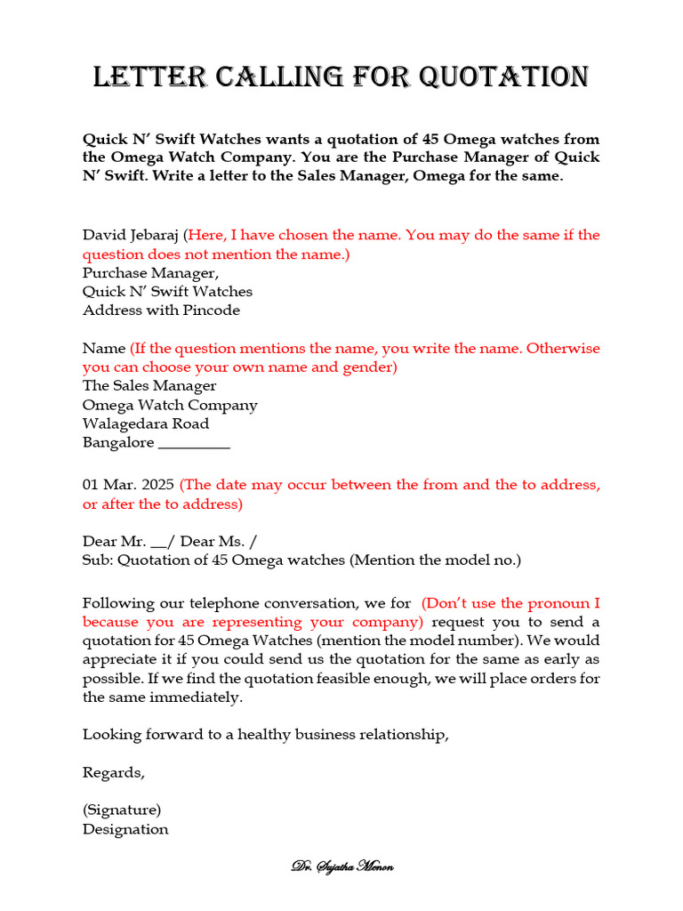 Letter Calling For Quotation Template | PDF