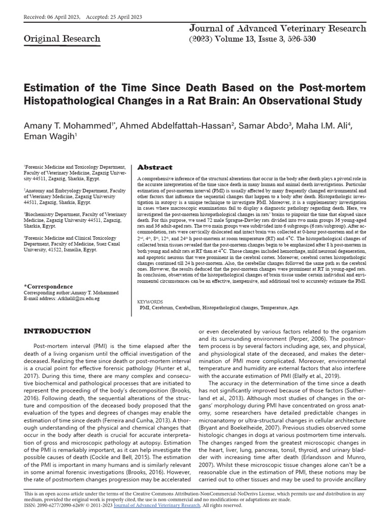 Estimation of the Time Since Death Based on the Post-mortem Histopathological Changes in a Rat ...