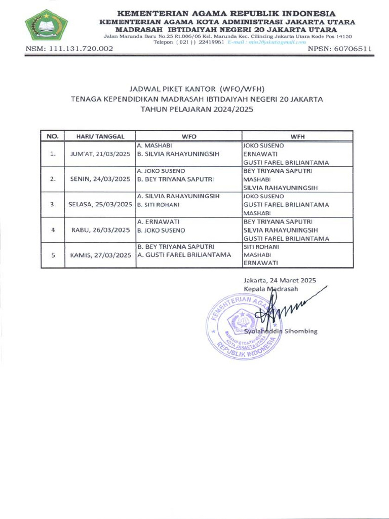 Jadwal Piket Wfo - WFH | PDF