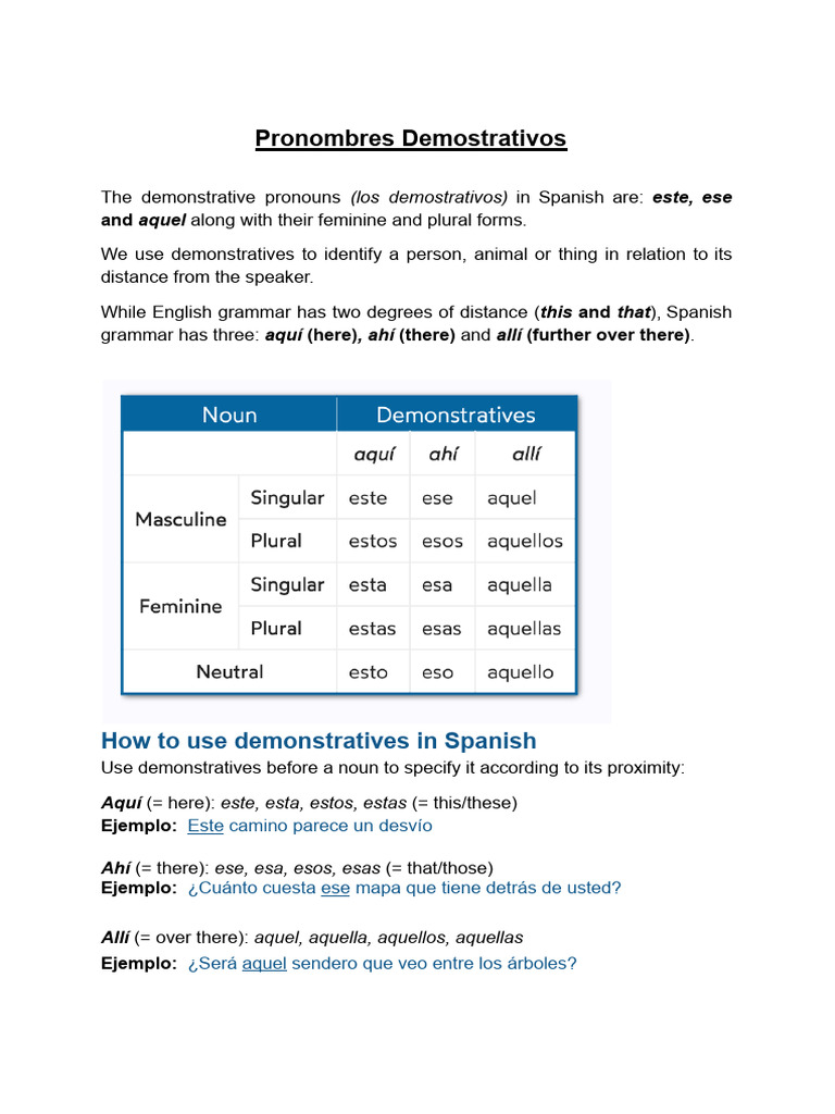 Pronombres Demostrativos Español | PDF