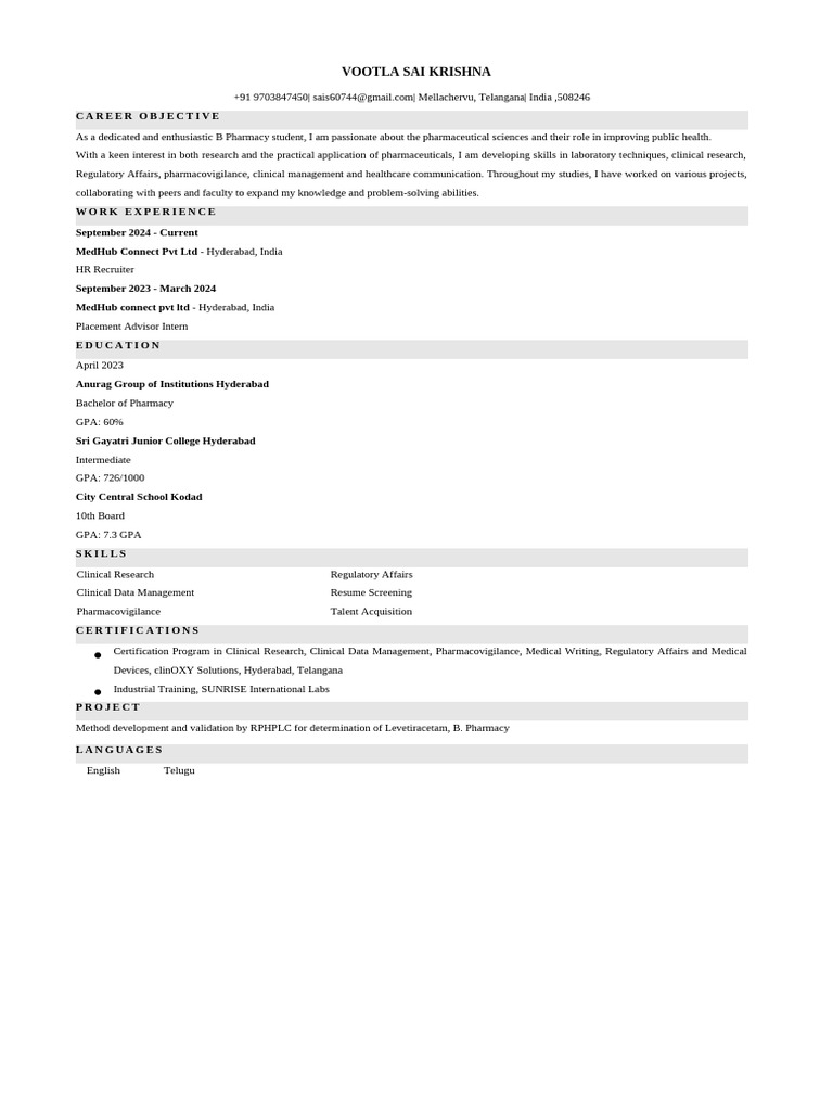 Vootla Sai Krishna Resume | PDF