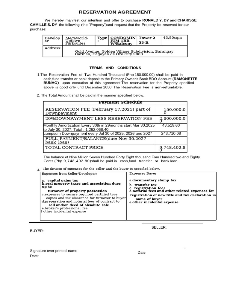 Reservation Agreement Sample | PDF | Taxes | Fee