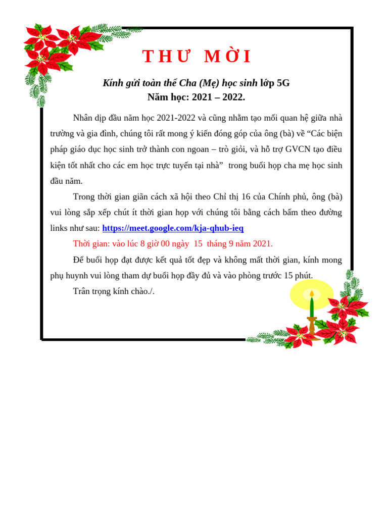 THƯ MỜI HỌP PHHS | PDF