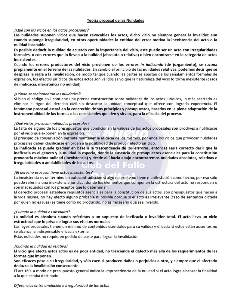 Nulidades Procesales: Teoría y Vicios | PDF | Nulo (ley) | Ley procesal