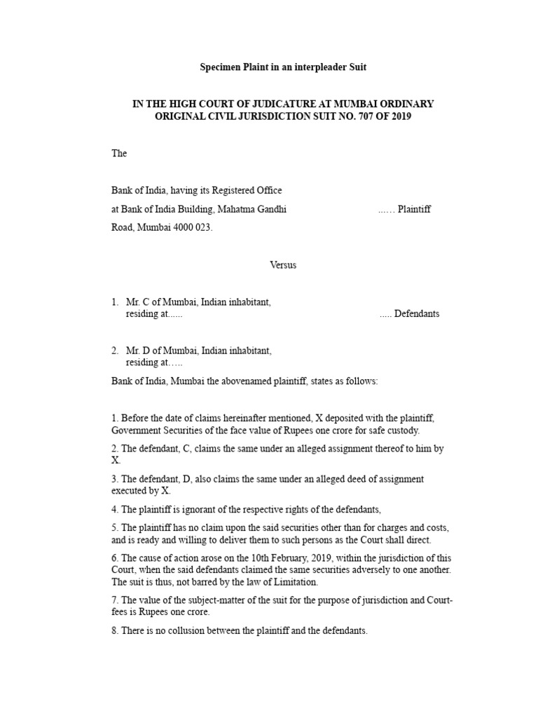Plaint Draft | PDF | Lawsuit | Separation Of Powers